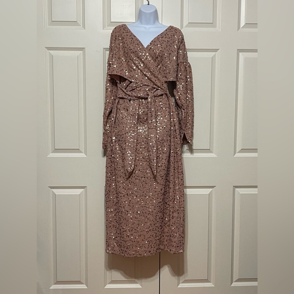 Boohoo | Dresses | Boohoo Dress Wrap Front Gold Sequin Midi Dress ...